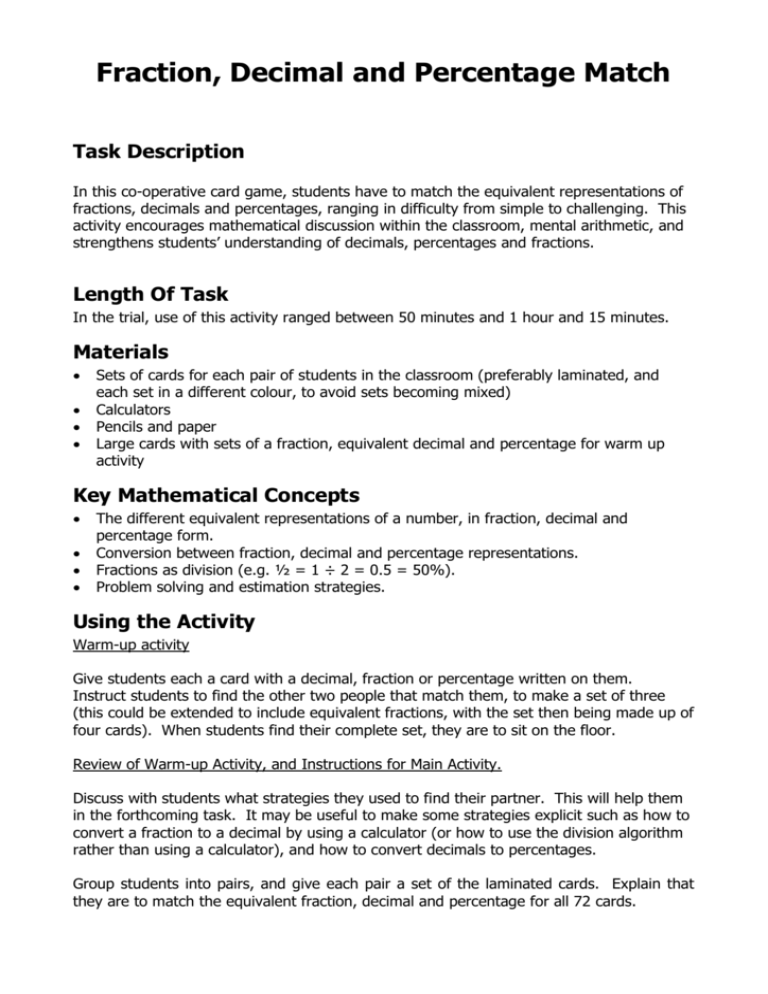 Fraction, Decimal, Percentage Matching Activity