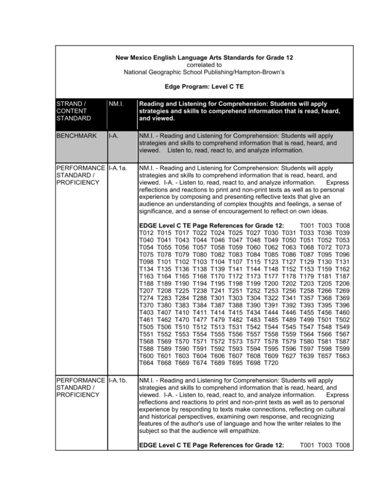 EDGE C 12th Grade Correlation NM Standards EDGE C 12th Grade Correlation NM Standards