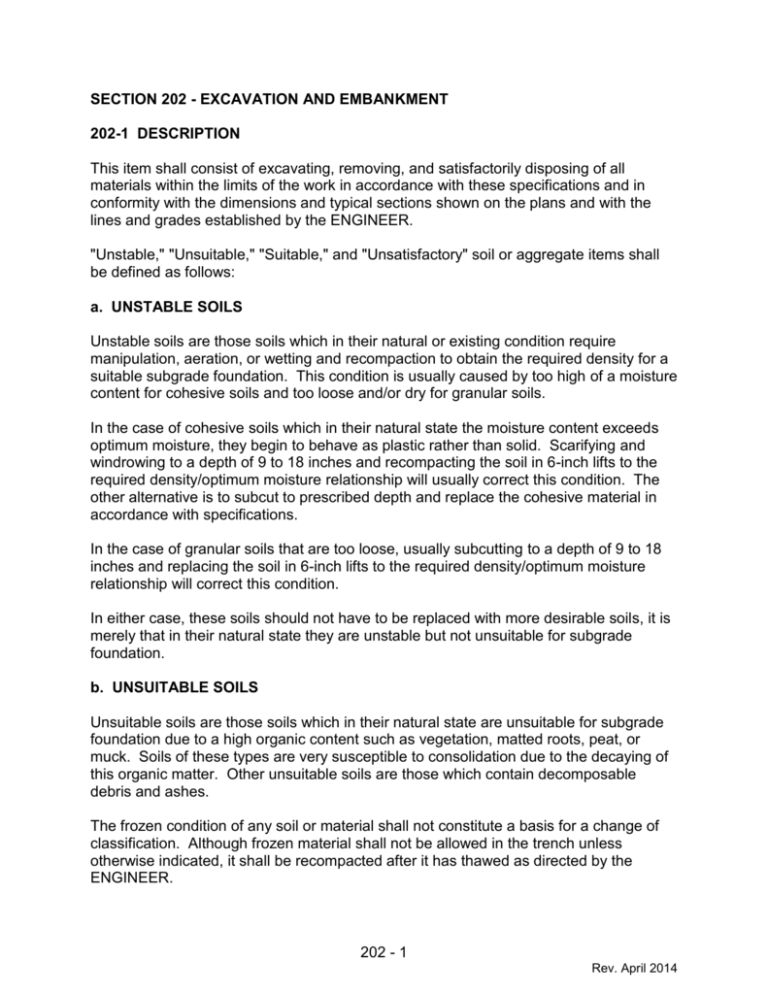 SECTION 202 - EXCAVATION AND EMBANKMENT