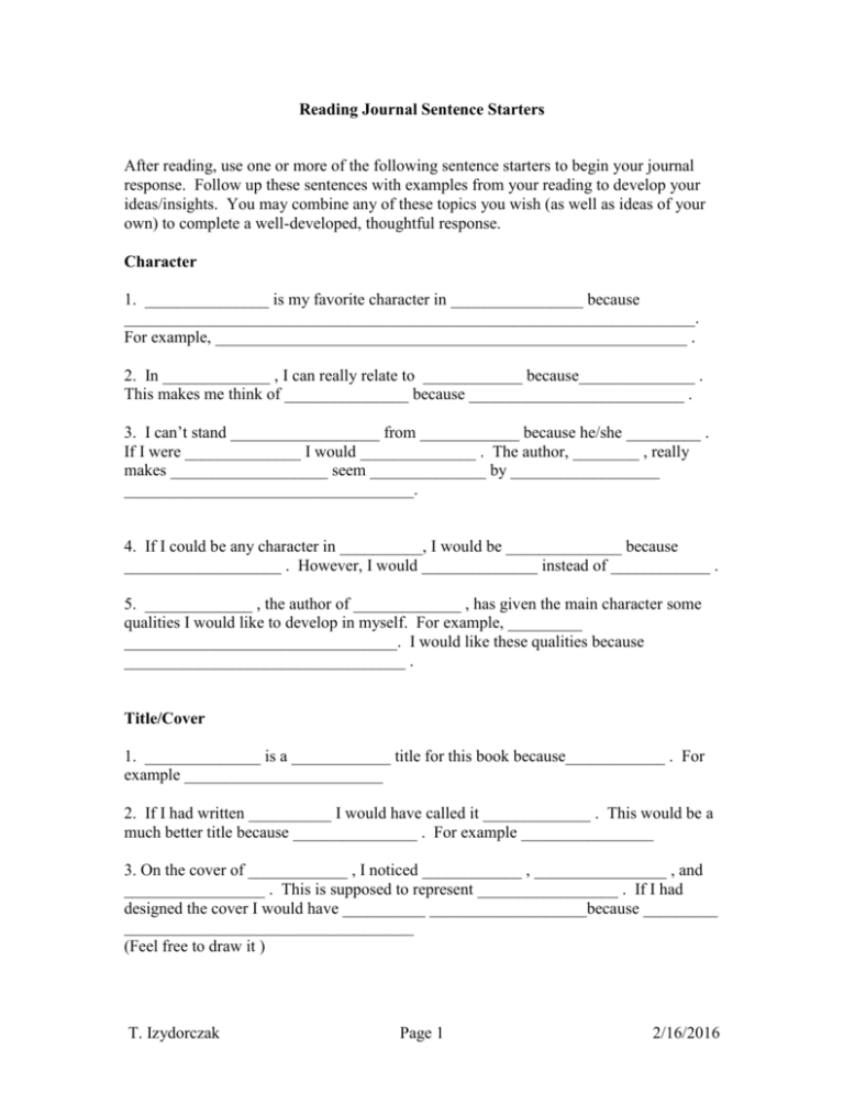 Reading Journal Sentence Starters