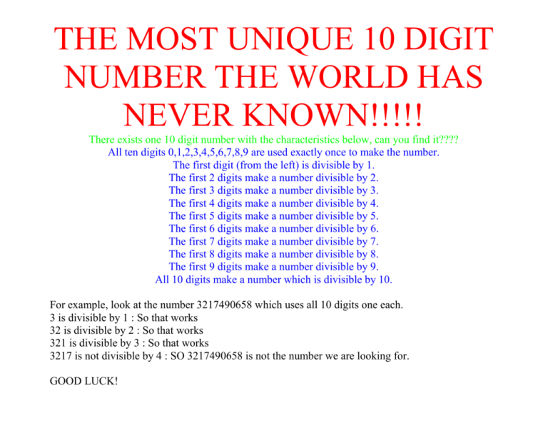 THE MOST UNIQUE 10 DIGIT