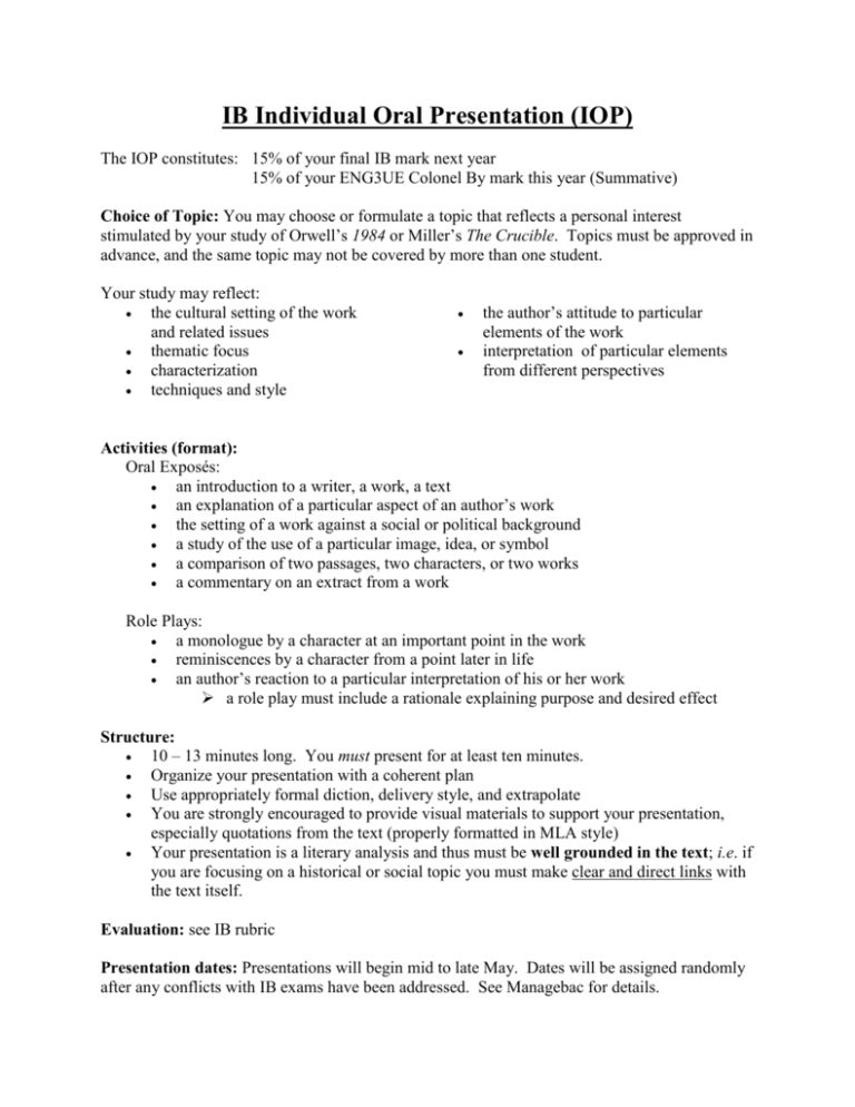 IB Individual Oral Presentation IOP IB Individual Oral Presentation IOP