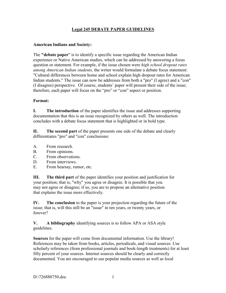Legal 245 DEBATE PAPER GUIDELINES
