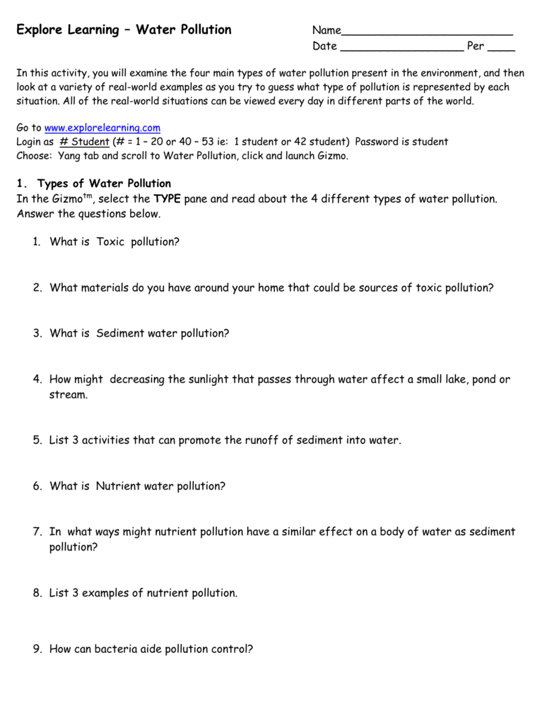 Water Pollution Gizmo Water Pollution Gizmo