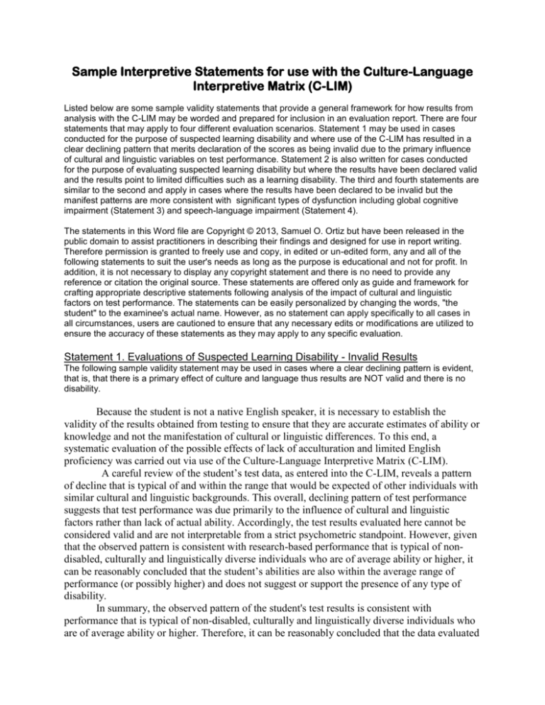 Sample Interpretive Statements For Use With C LIM