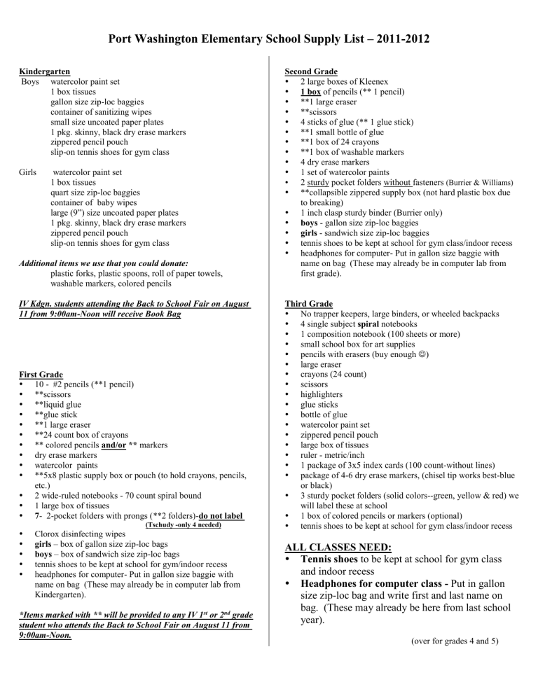 Port Washington Elementary School Supply List 2011