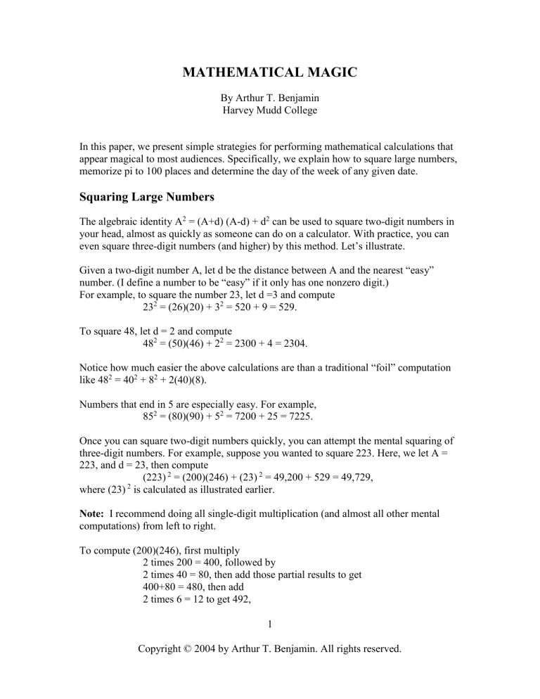 Mathematical Magic Harvey Mudd College Department Of