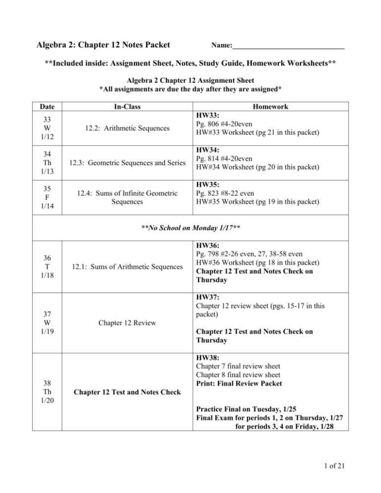 Algebra 2 Chapter 12 Notes Packet Name Algebra 2 Chapter 12 Notes Packet Name