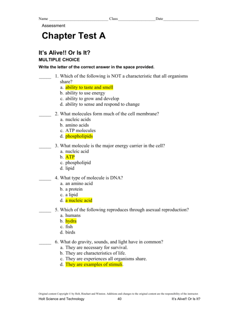 Chapter test a answer Key 