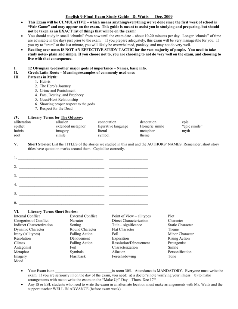 English 9 Final Exams Study Guide 