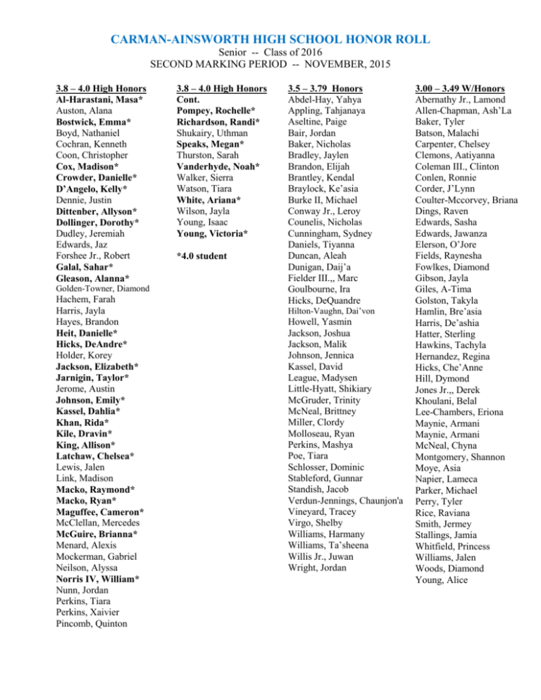 Carman-Ainsworth HS Honor Roll - Nov 2015