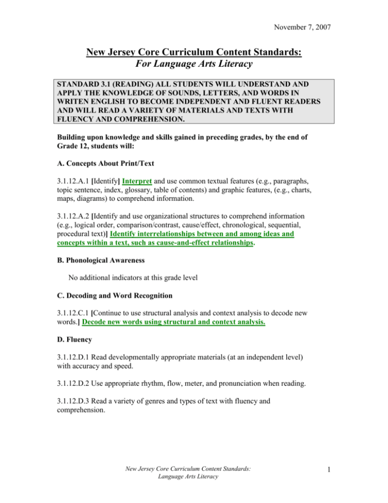 New Jersey Core Curriculum Content Standards 