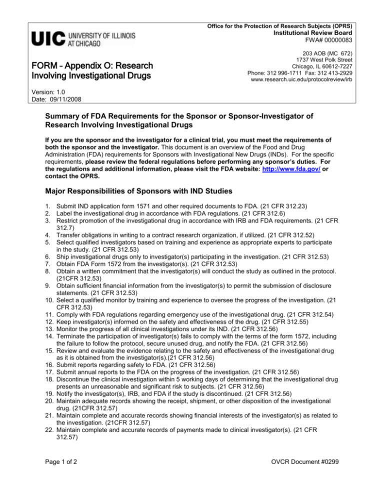 Summary Of FDA Requirements For The Sponsor Or Sponsor Summary Of FDA Requirements For The Sponsor Or Sponsor