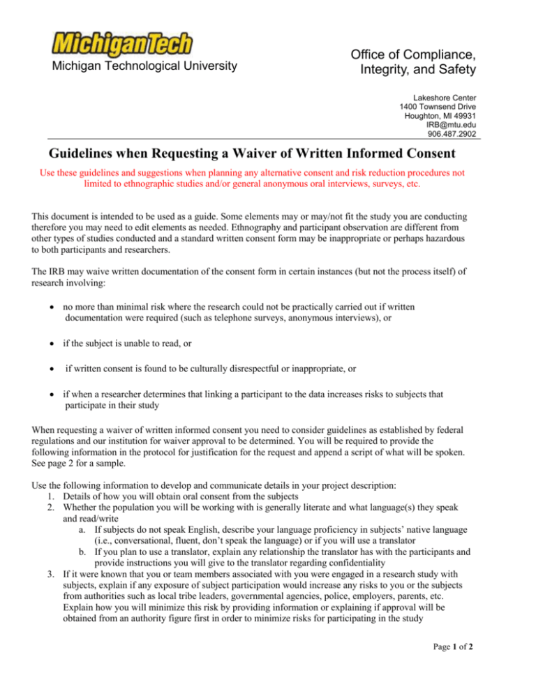 Guidelines When Reing A Waiver Of Written Informed Consent