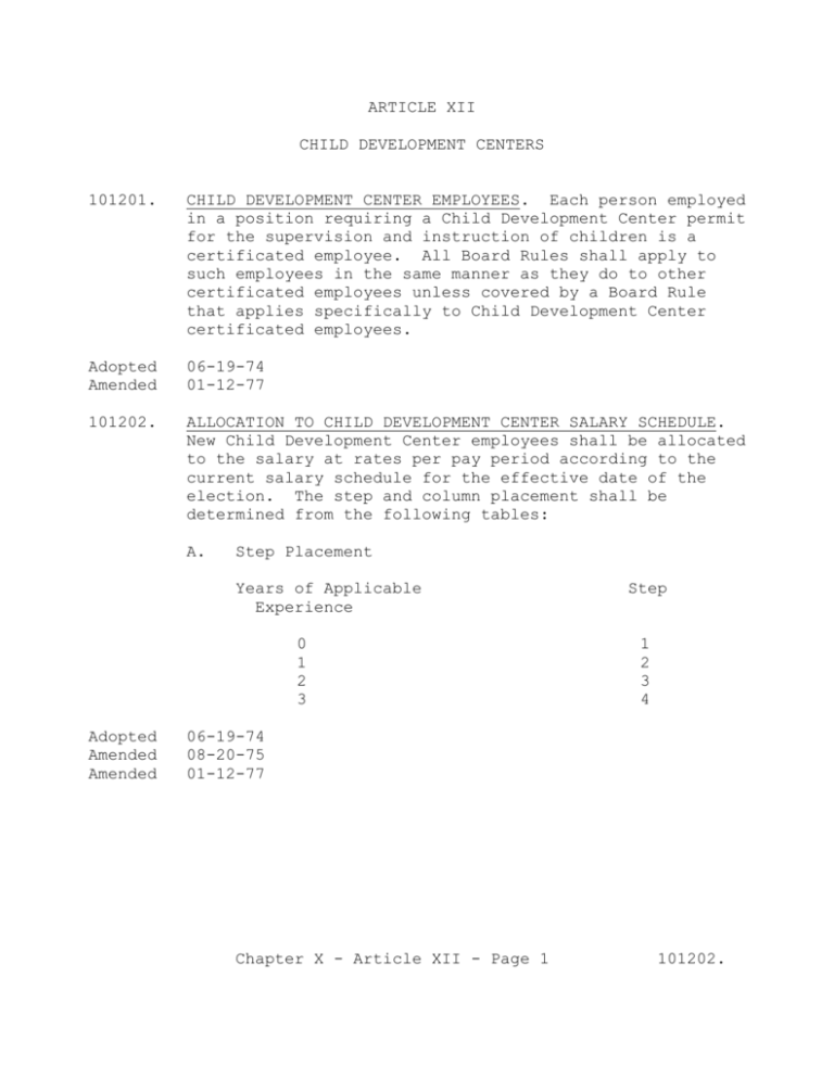 Article XII Child Development Centers