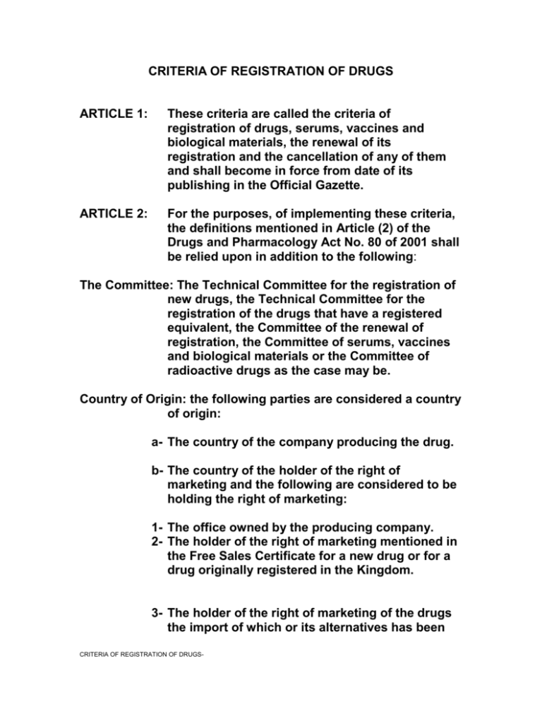 CRITERIA OF REGISTRATION OF DRUGS CRITERIA OF REGISTRATION OF DRUGS