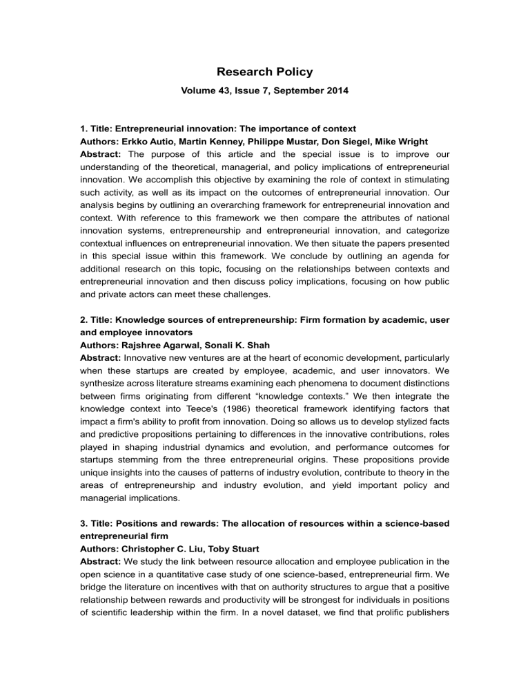 Research Policy Volume 43 Issue 7 September 2014 1 Title Research Policy Volume 43 Issue 7 September 2014 1 Title
