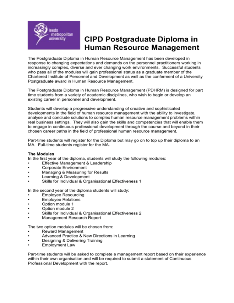 CIPD Postgraduate Diploma In Human Resource Management The