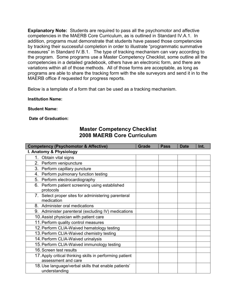 Master Competency Checklist 2008