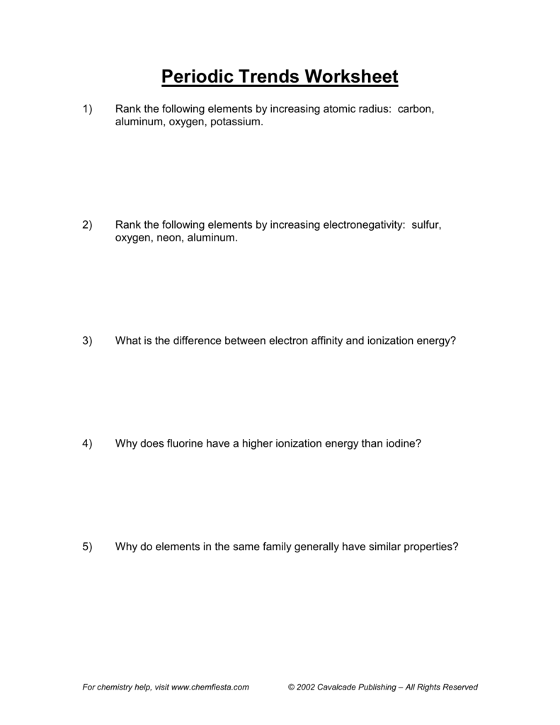 Periodic Trends Worksheet Answer Key Periodic Trends Worksheet Answer Key
