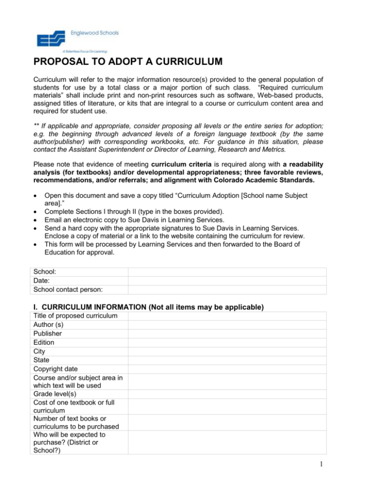 Proposal to Adopt a Curriculum