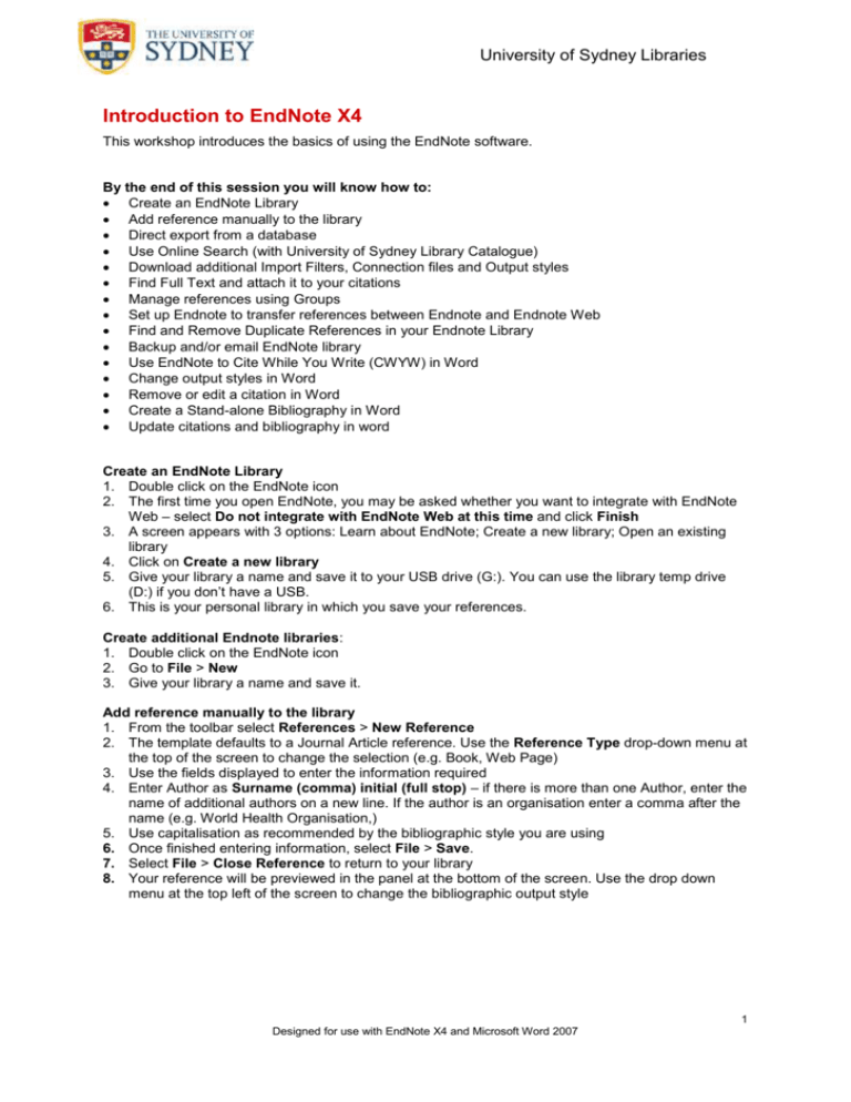 EndNote X4 Workshop Guide: University of Sydney Libraries