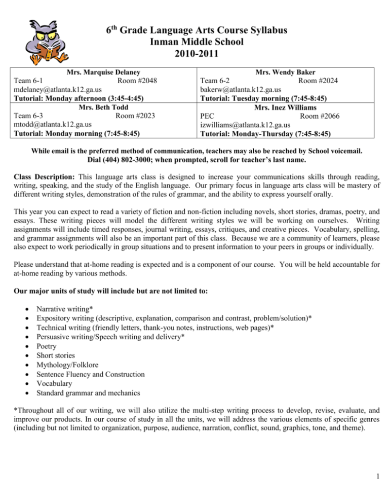 6th Grade Language Arts Course Syllabus