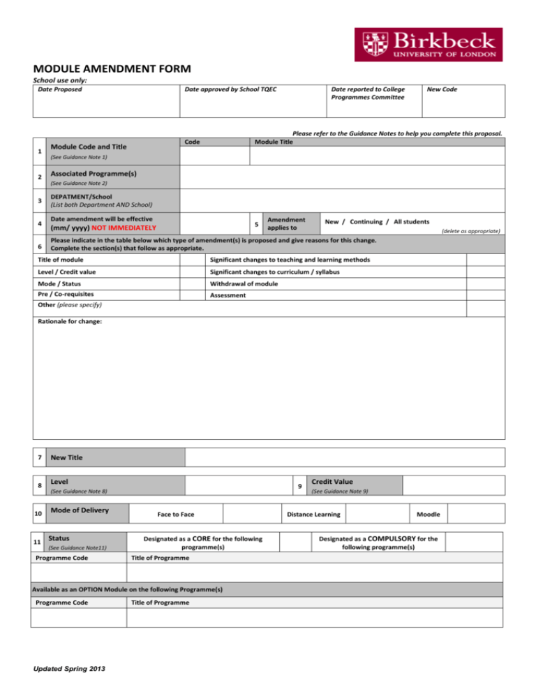 Module Amendment Form