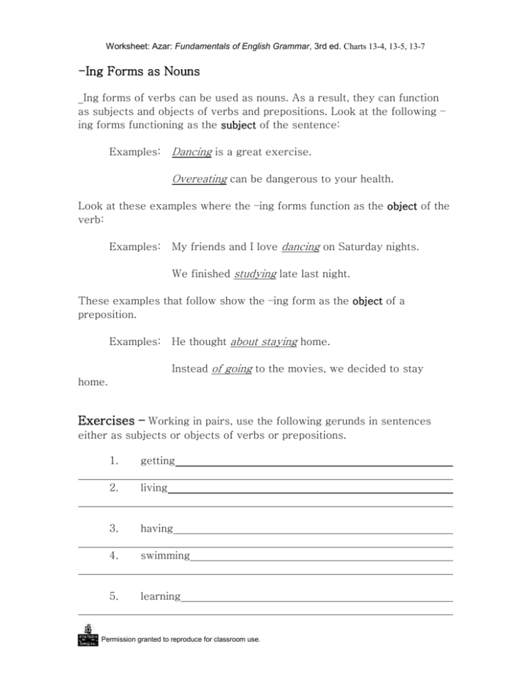Ing Forms As Nouns Ing Forms As Nouns