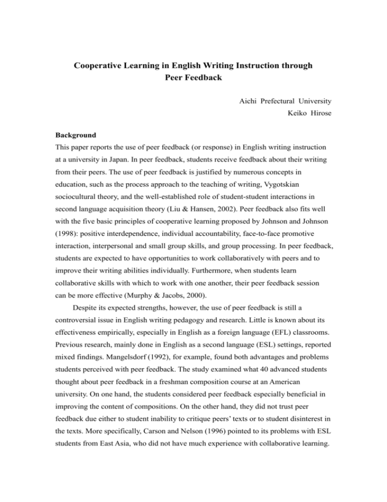 Cooperative Learning in English Writing Instruction through Peer