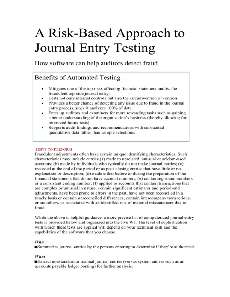 A Risk Based Approach To Journal Entry Testing A Risk Based Approach To Journal Entry Testing