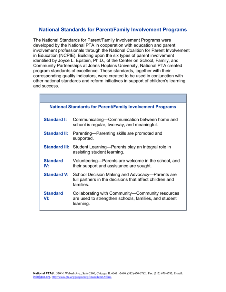National Standards for Parent/Family Involvement Programs
