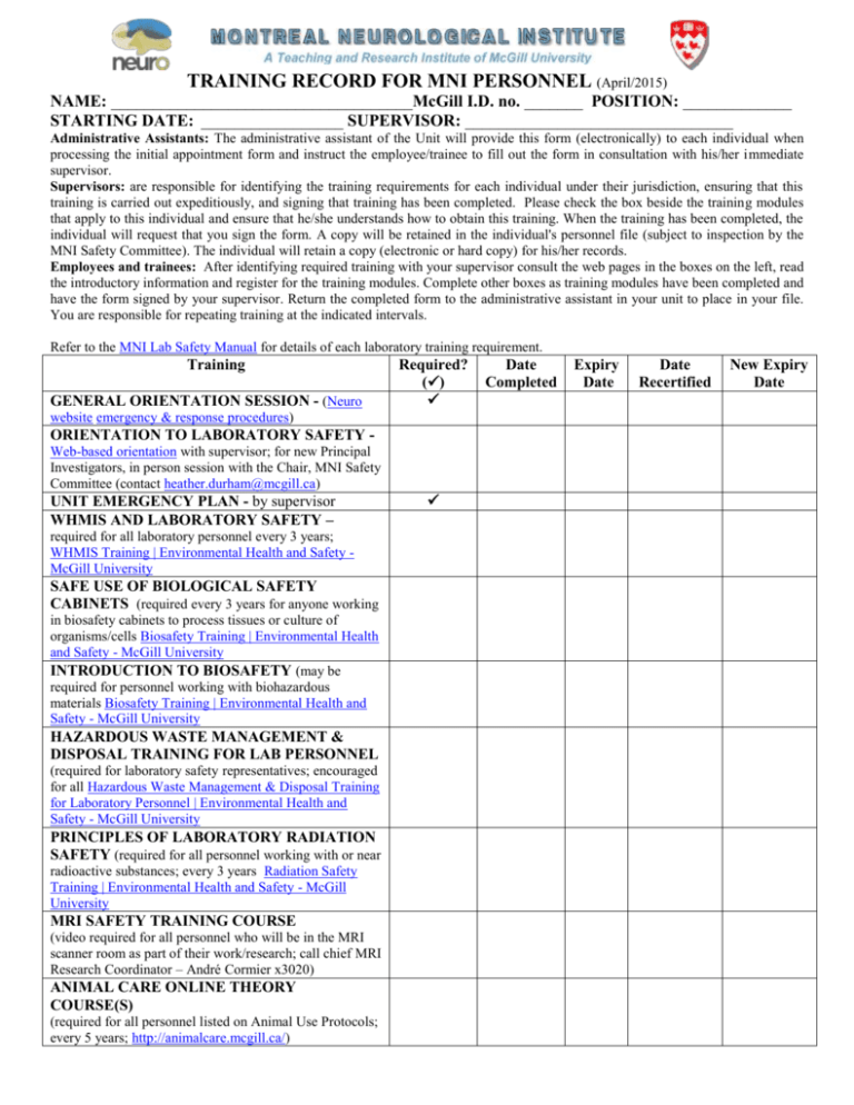 Safety Training Record For Mni Personnel