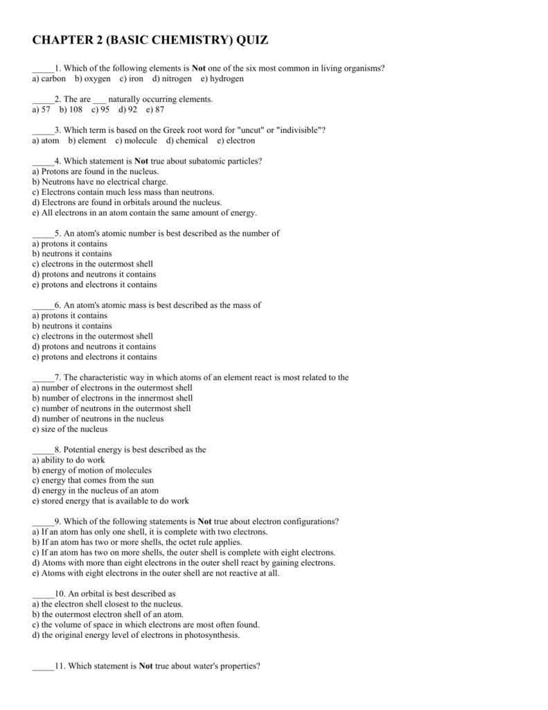 CHAPTER 2 BASIC CHEMISTRY QUIZ CHAPTER 2 BASIC CHEMISTRY QUIZ