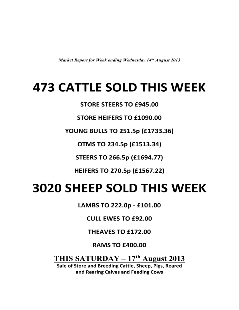Report For Saturday 10th August 2013