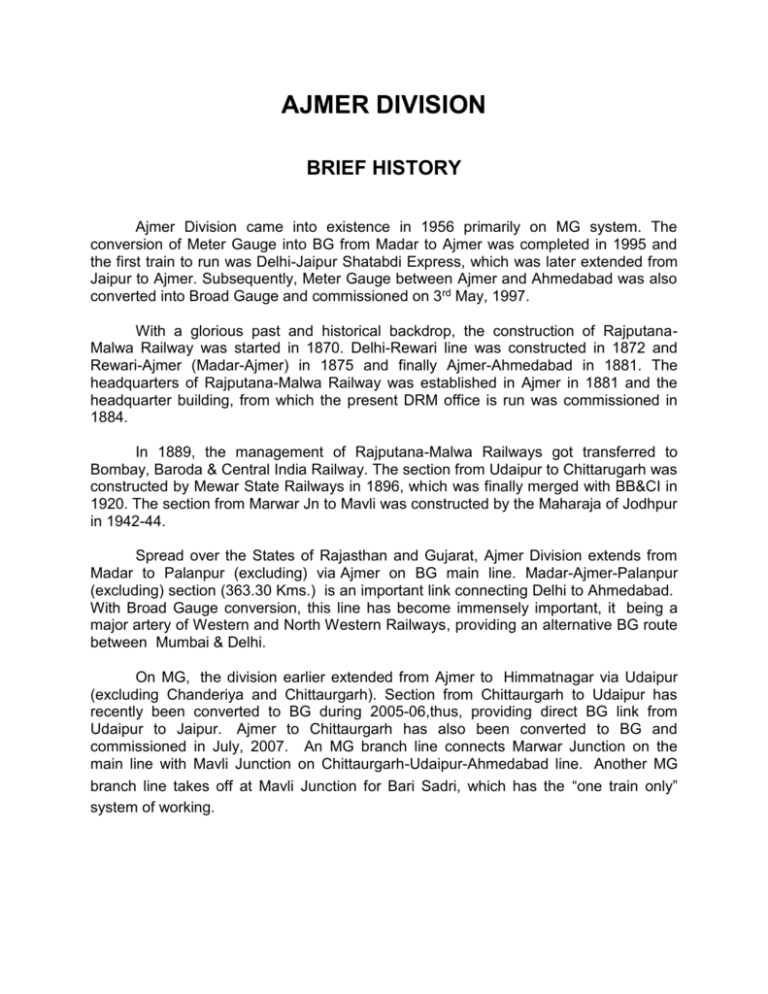 AJMER DIVISION BRIEF HISTORY Ajmer Division Came Into