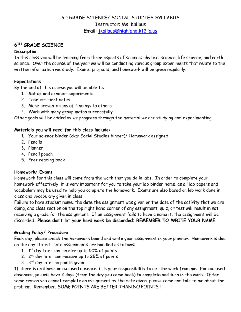 6th GRADE SCIENCE SOCIAL STUDIES SYLLABUS 6th GRADE SCIENCE SOCIAL STUDIES SYLLABUS