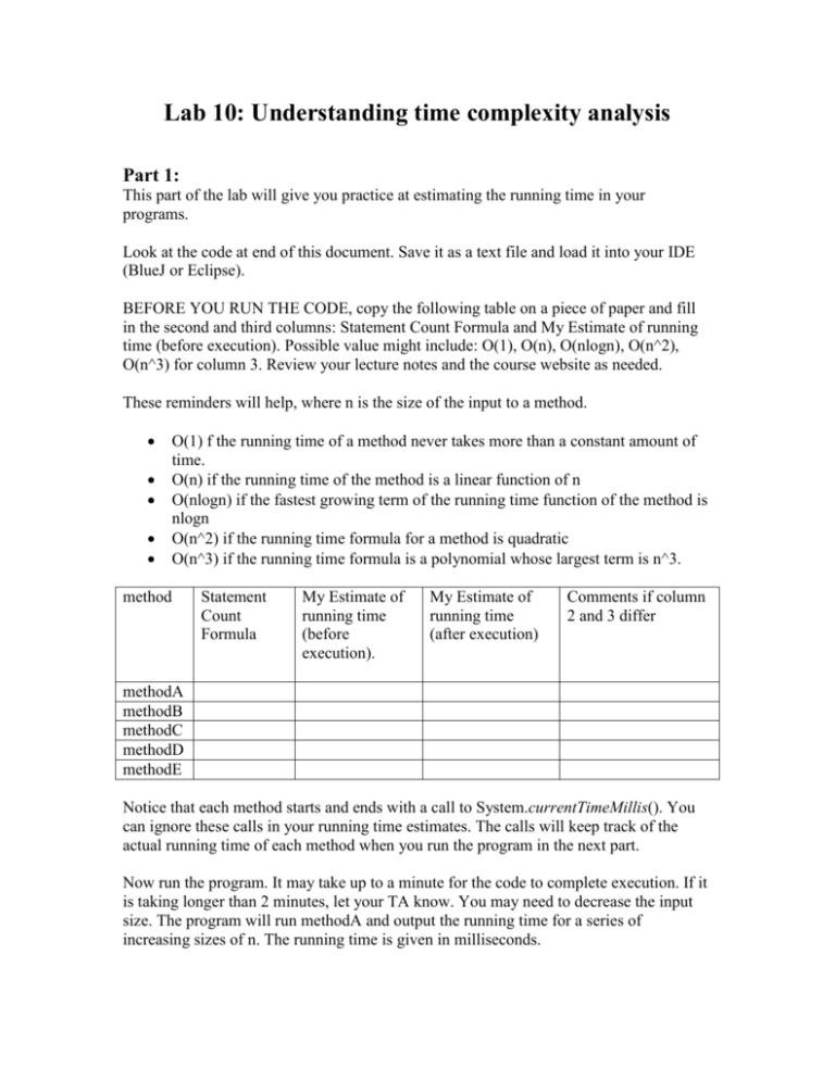Lab 10 Understanding Time Complexity Analysis