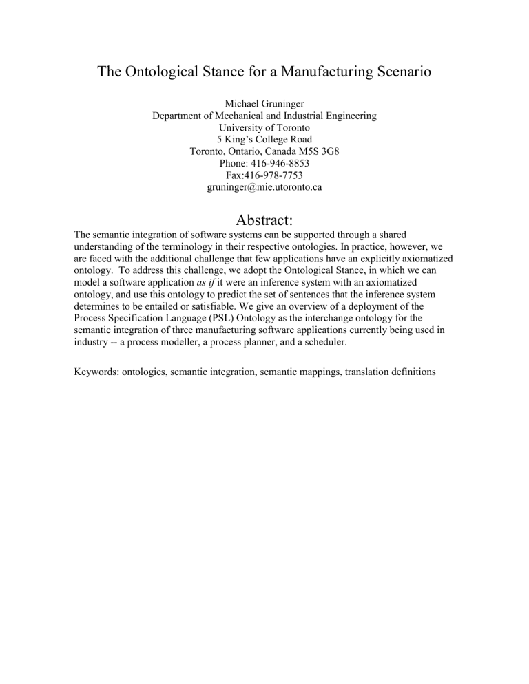 The Ontological Stance for a Manufacturing Scenario