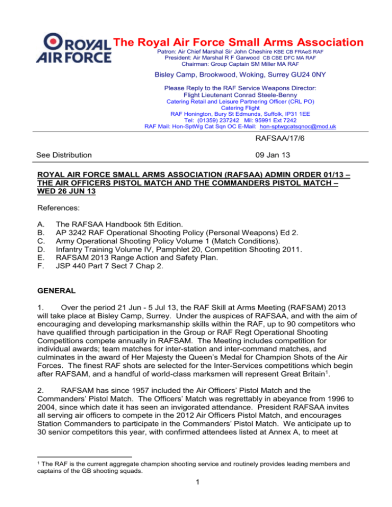 RAFSAA Pistol Match Admin Order: Air Officers & Commanders