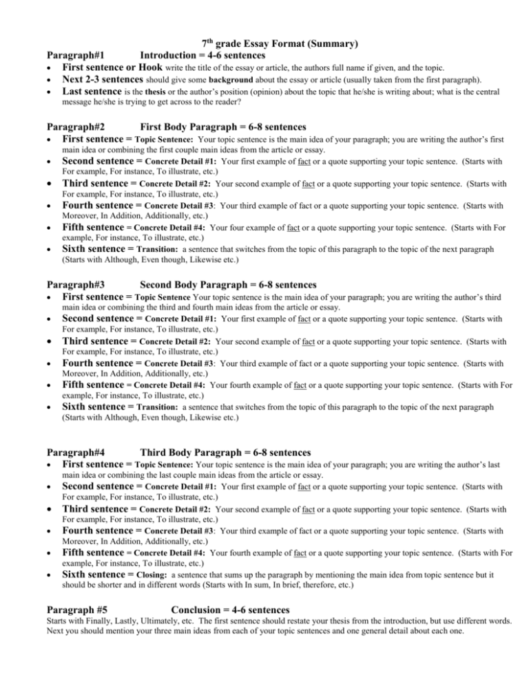 7th Grade Essay Format Summary 