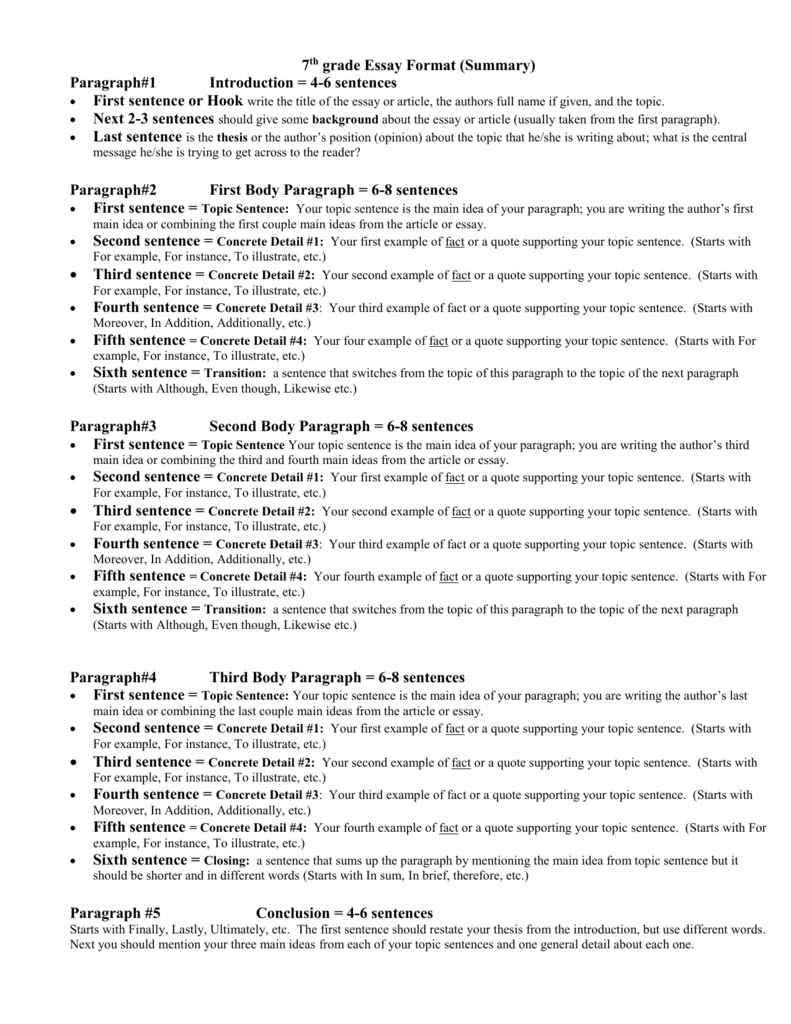 7th Grade Essay Format Summary 