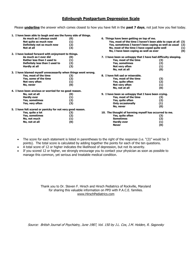 Edinburgh Postnatal Depression Scale Printable