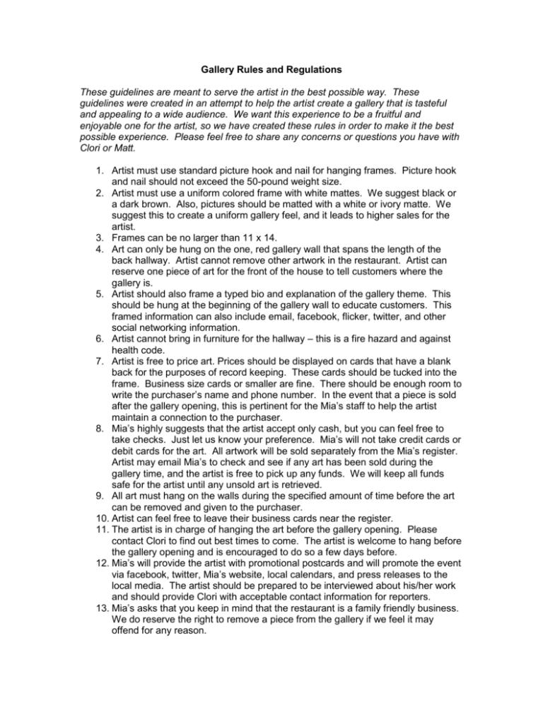 Gallery Rules And Regulations Gallery Rules And Regulations