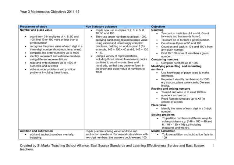 Mathematics Objectives Year 3 Mathematics Objectives Year 3