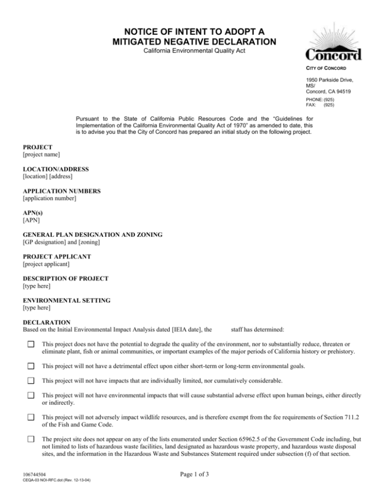 Planning Division Public Notice of Intent to Adopt a