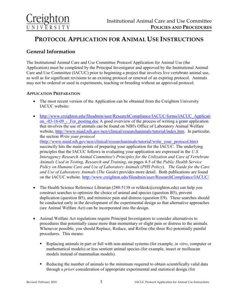 Instructions for the Protocol Application for Animal Use
