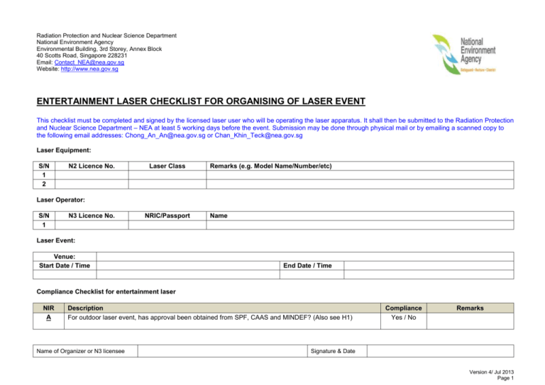 Entertainment laser checklist
