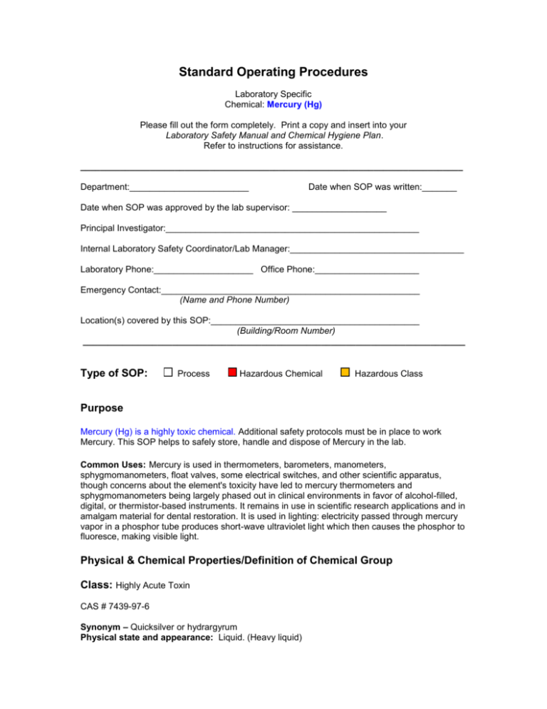 Standard Operating Procedures - Environmental Health & Safety