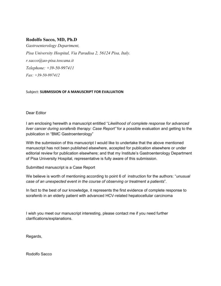 Cover Letter For Submission Of Manuscript